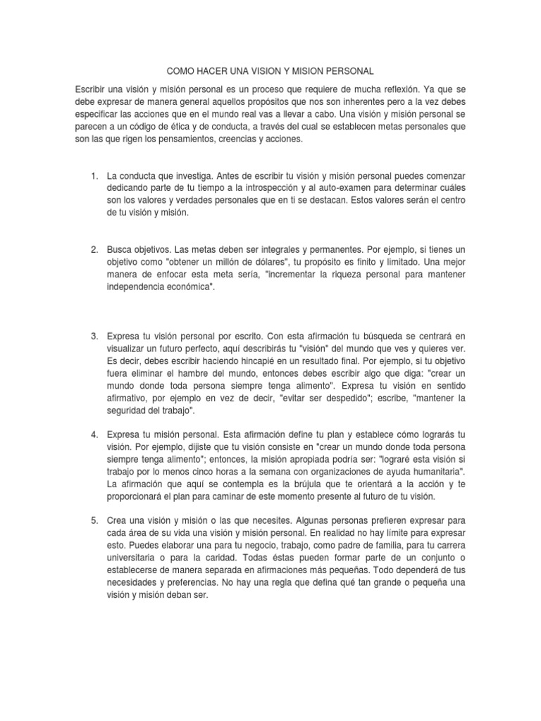 Como Hacer Una Vision y Mision Personal | PDF | Percepción visual ...