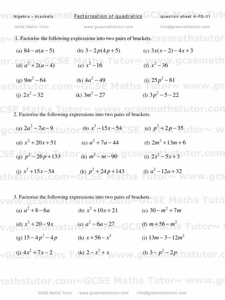 Factorisation of Quadratic Expressions Worksheet #01, Algebra Revision ...