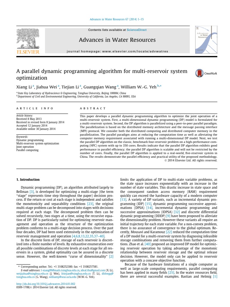 A Parallel Dynamic Programming Algorithm For Multi Reservoir System Pdf Parallel Computing