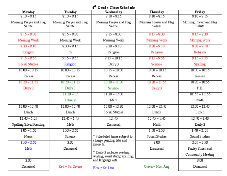 4th Grade Weekly Class Schedule | PDF
