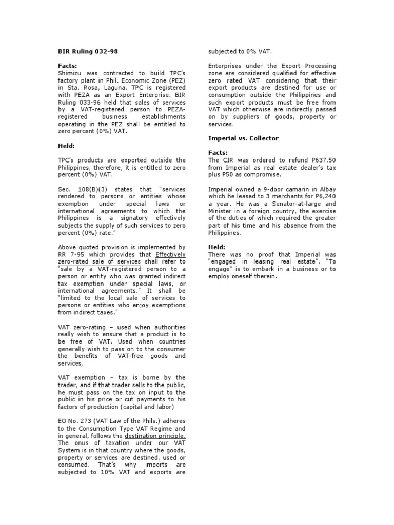 TAX - BIR Ruling 32-98 and Imperial | PDF | Value Added Tax | Exports