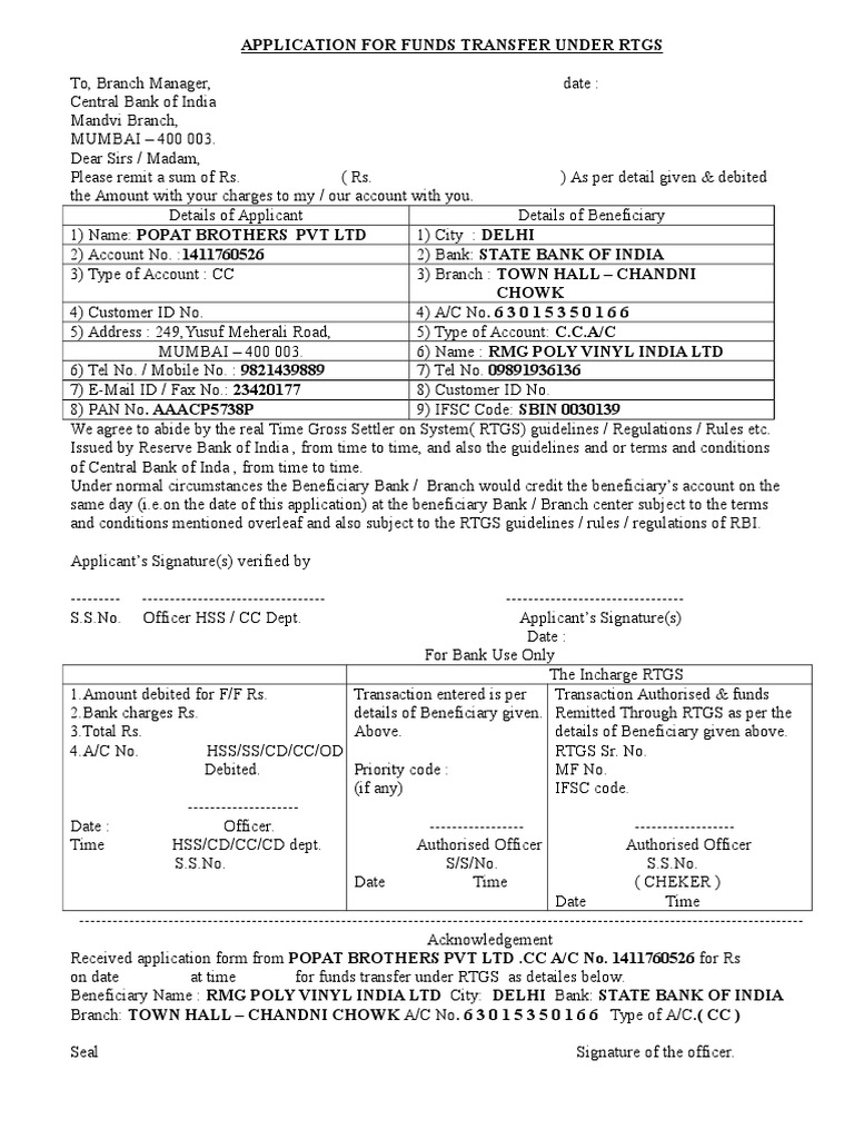 Rmg Rtgs Form | Financial Institutions And Services | Economic Institutions