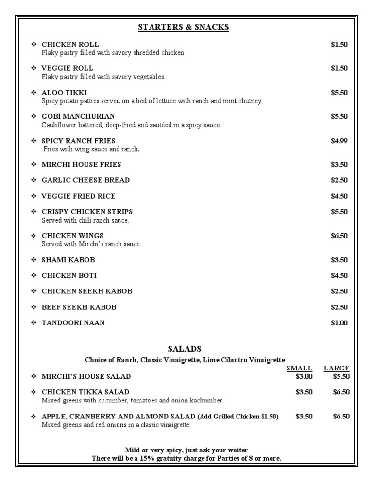 Delicious Starters and Snacks Menu | PDF