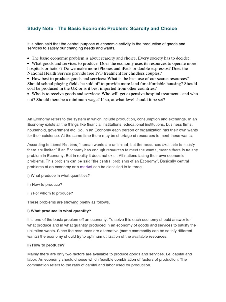 Study Note - The Basic Economic Problem: Scarcity and Choice | PDF ...
