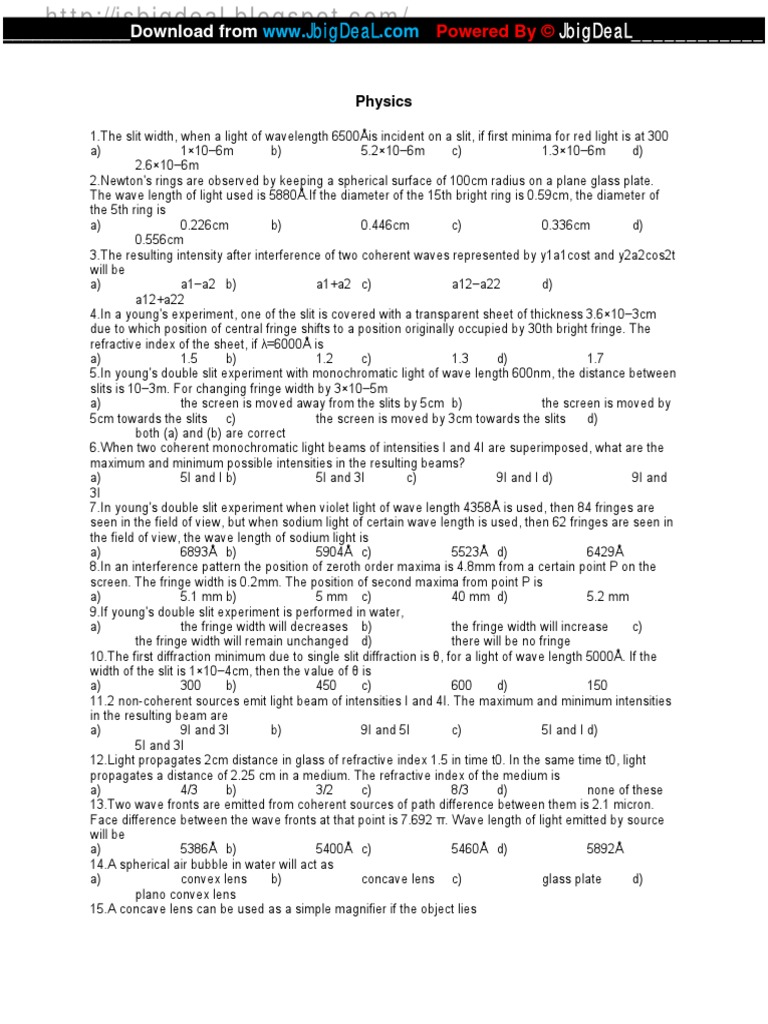 Physics Problems on Light and Optics | PDF | Lens (Optics) | Diffraction
