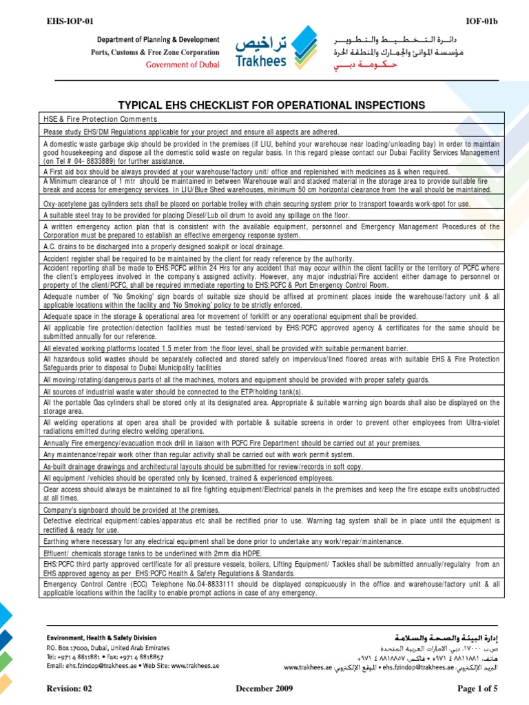 Typical Ehs Checklist For Operational Inspections: EHS-IOP-01 IOF-01b ...