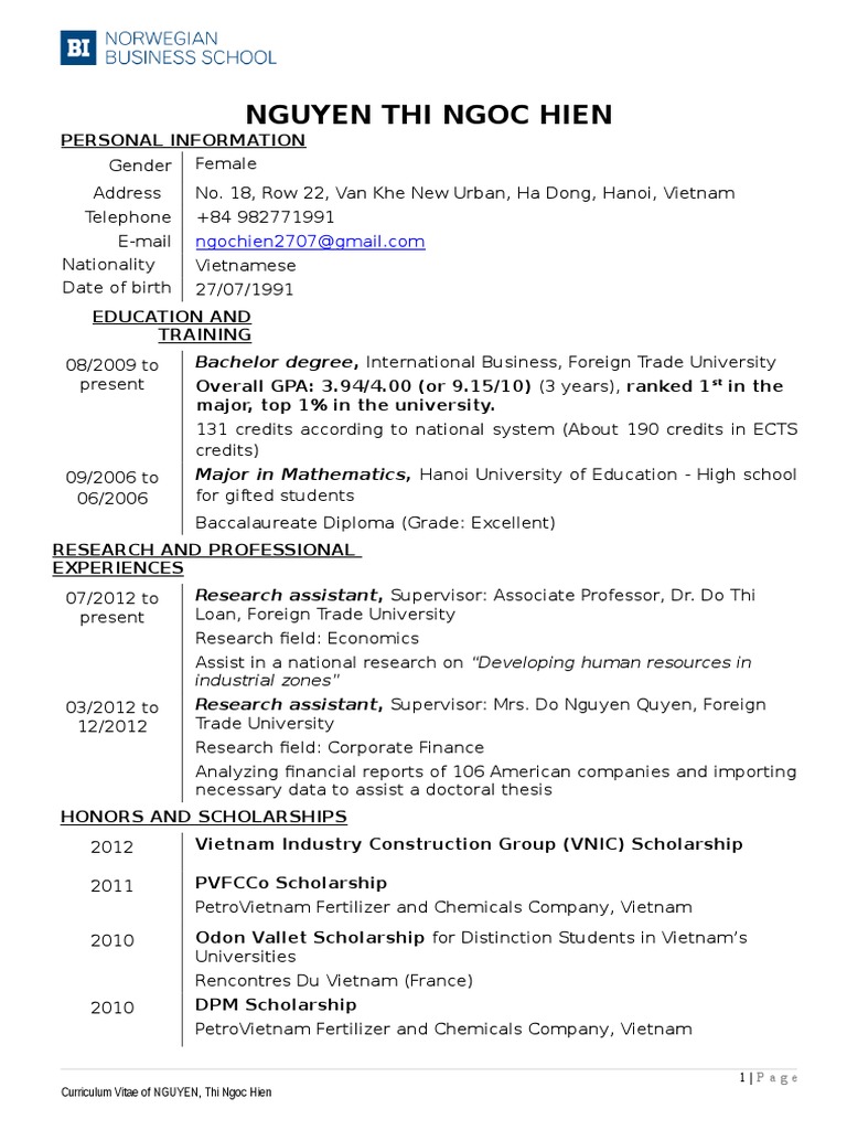 CV - Thi Ngoc Hien - Nguyen Final | PDF