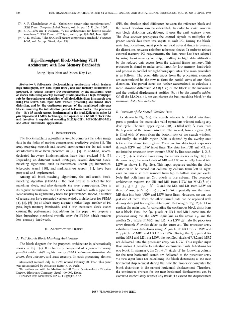 High Throughput Block Matching Vlsi Architecture With Low Memory Bandwidth Download Free Pdf 2455