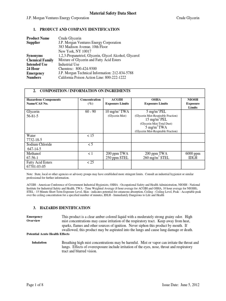 MSDS for Crude Glycerin | Dangerous Goods | Personal Protective Equipment