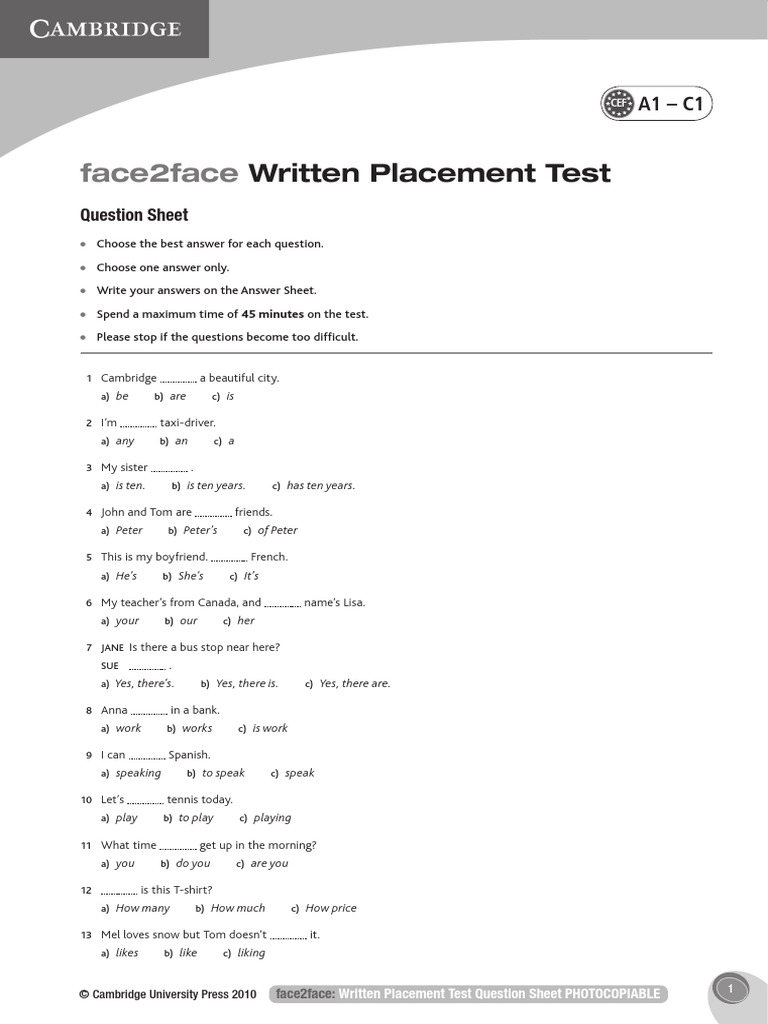 Cambridge Face2Face Test | PDF