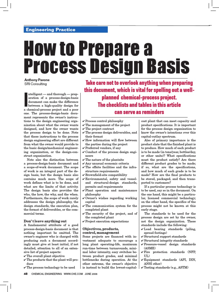 CHE Article - Best Practices - How To Prepare A Process Design Basis | PDF | Specification ...