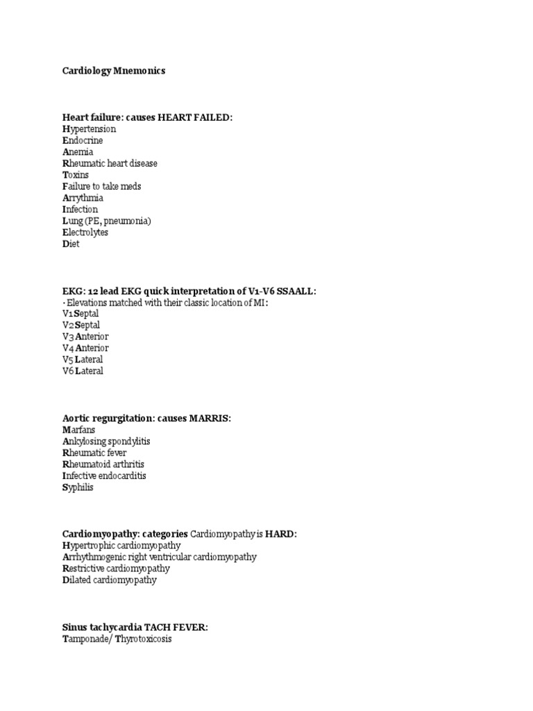 Cardiology Mnemonics | PDF | Heart | Myocardial Infarction