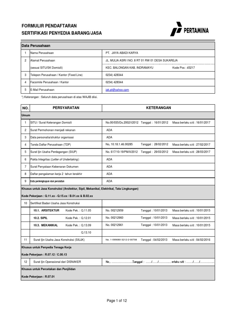 Form Daftar Pt. Pertamina Ru Vi | PDF