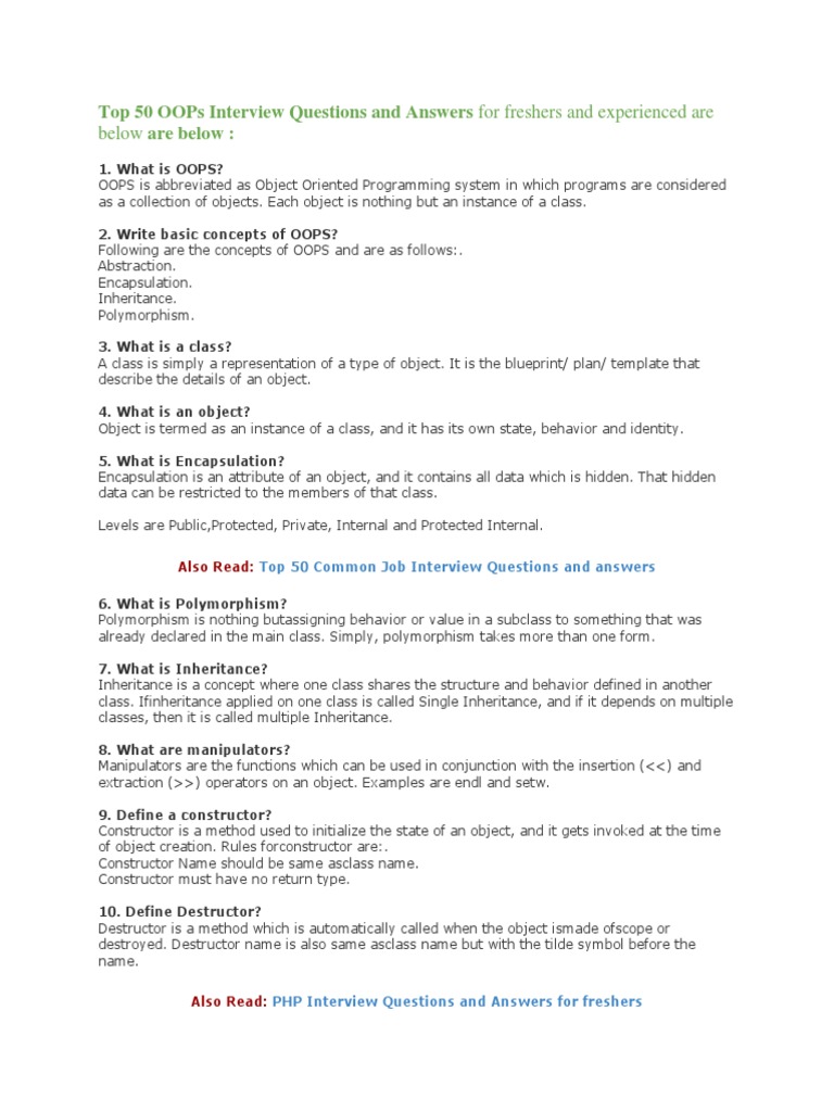 Top 50 Oops Interview Questions And Answers Pdf Method Computer Programming Class