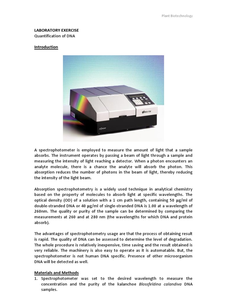 Quantification of DNA | PDF | Spectrophotometry | Physical Chemistry