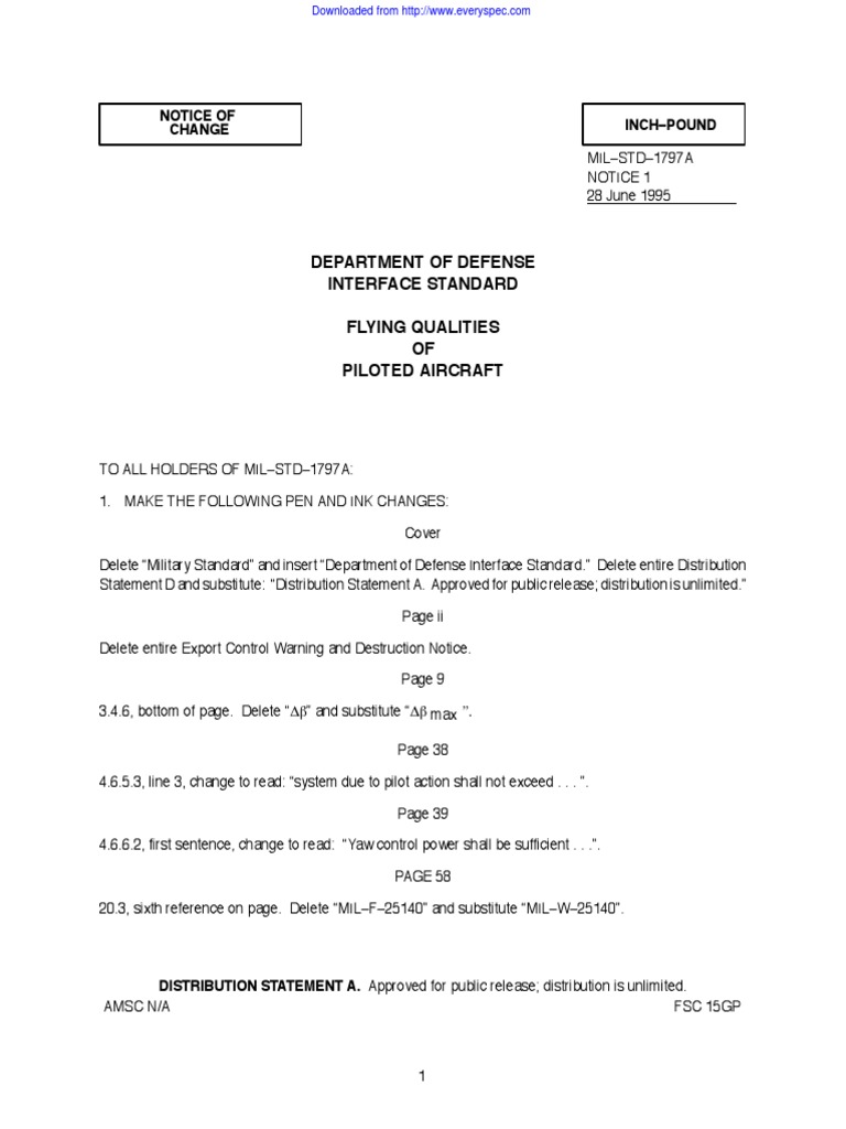 MIL-STD-1797A Change Notice Summary | PDF | Flight Dynamics (Fixed Wing ...