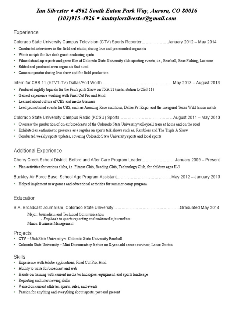 Sports Reporter Resume of Ian Silvester | PDF | Cbs | Broadcasting
