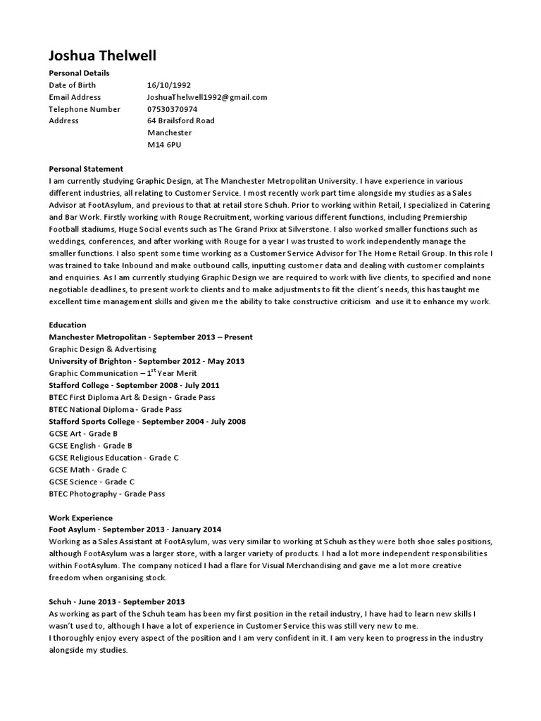 Joshua Thelwell - New CV | Download Free PDF | Call Centre | Retail