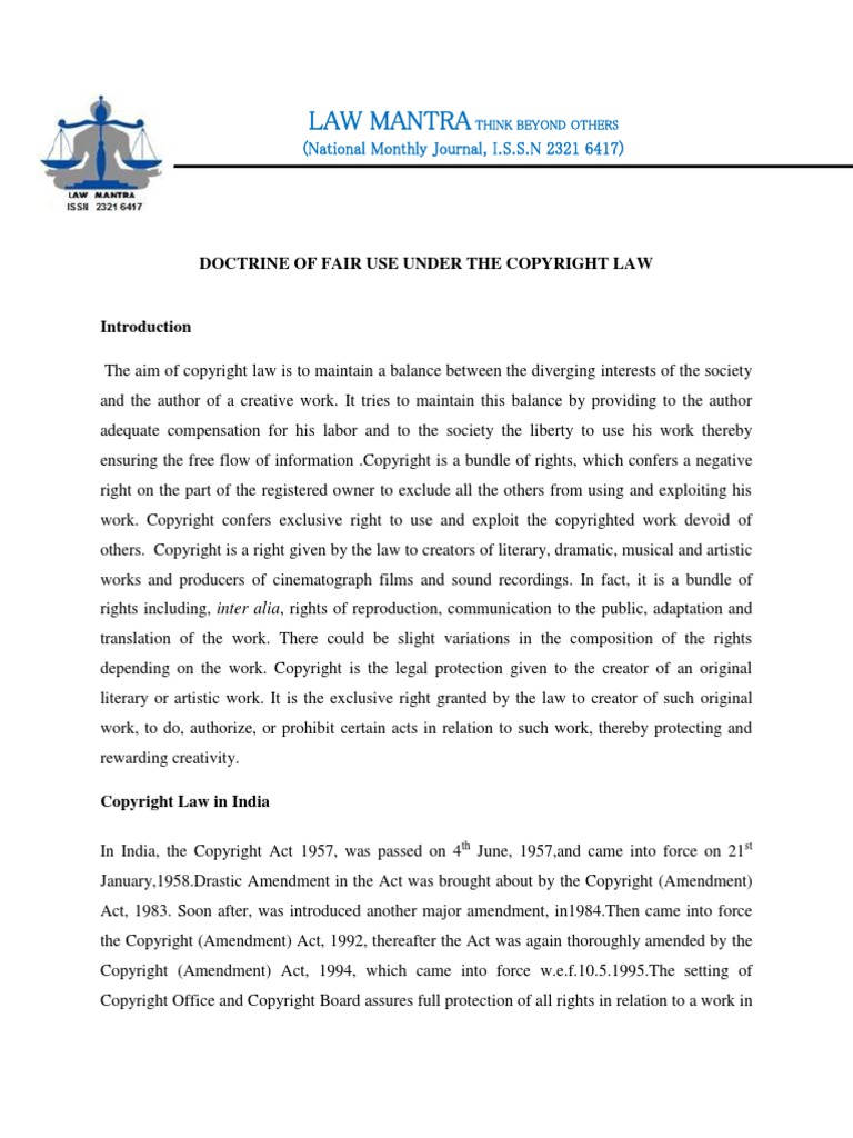 Doctrine of Fair Use Under The Copyright Law | PDF | Fair Dealing ...