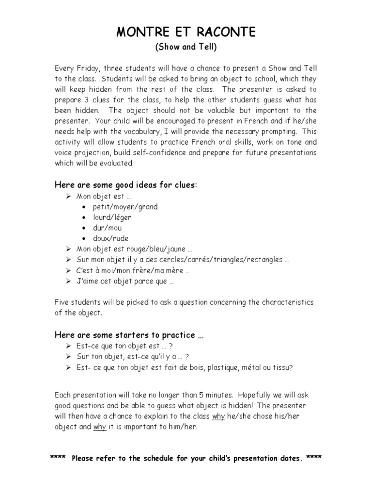 French Show and Tell Guidelines | PDF | Language Arts & Discipline