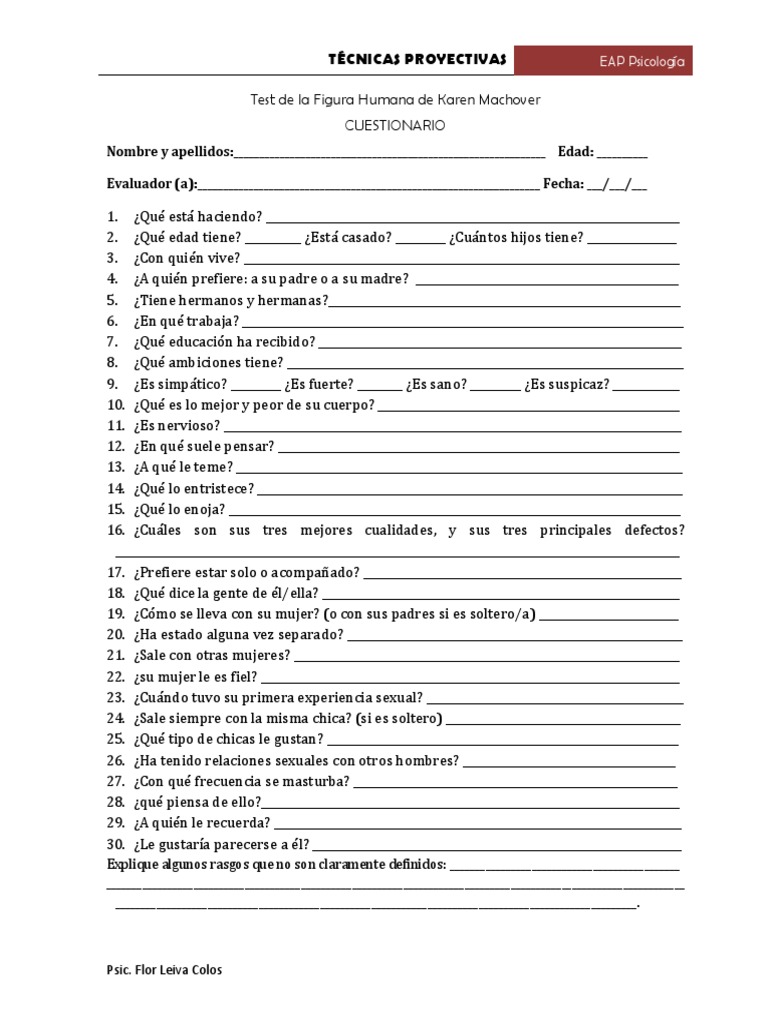 CUESTIONARIO Test de La Figura Humana de Karen Machover PDF | PDF