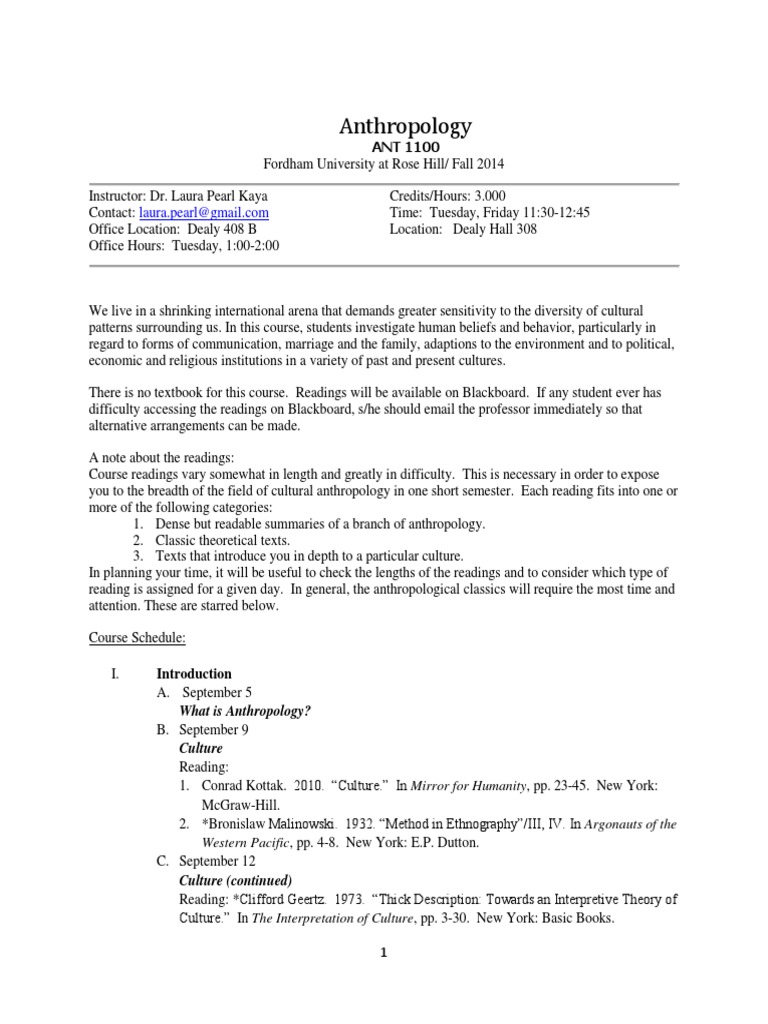 Introduction To Cultural Anthropology Syllabus | PDF | Anthropology ...