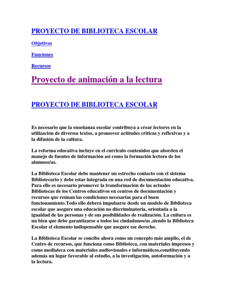 Proyecto de Biblioteca Escolar1 | PDF | Biblioteca escolar | Bibliotecas