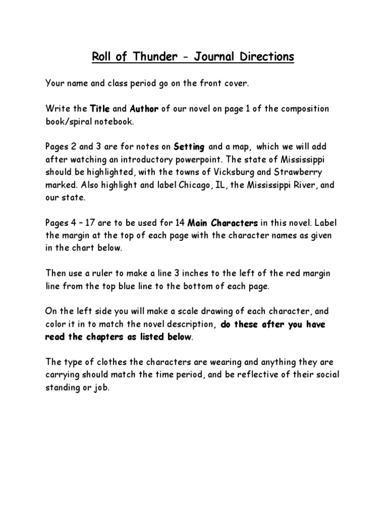 Roll of Thunder - Journal Directions: Read The Chapters As Listed Below ...
