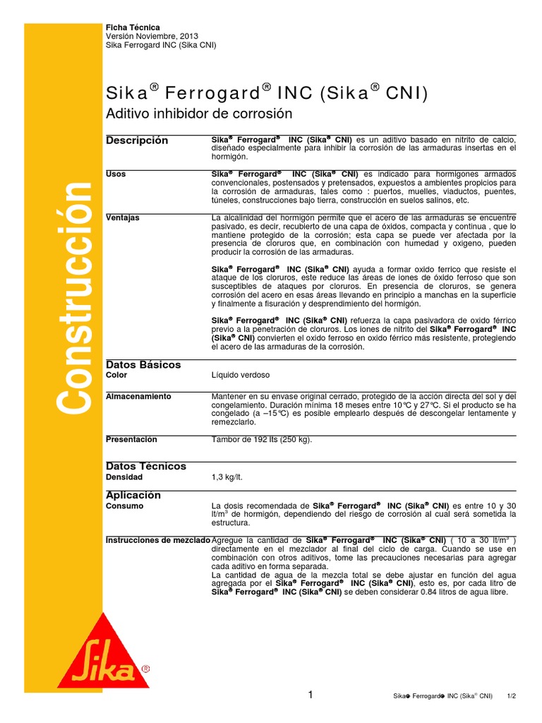 SikaFerrogard INC (Sika CNI) | PDF | Corrosión | Hormigón