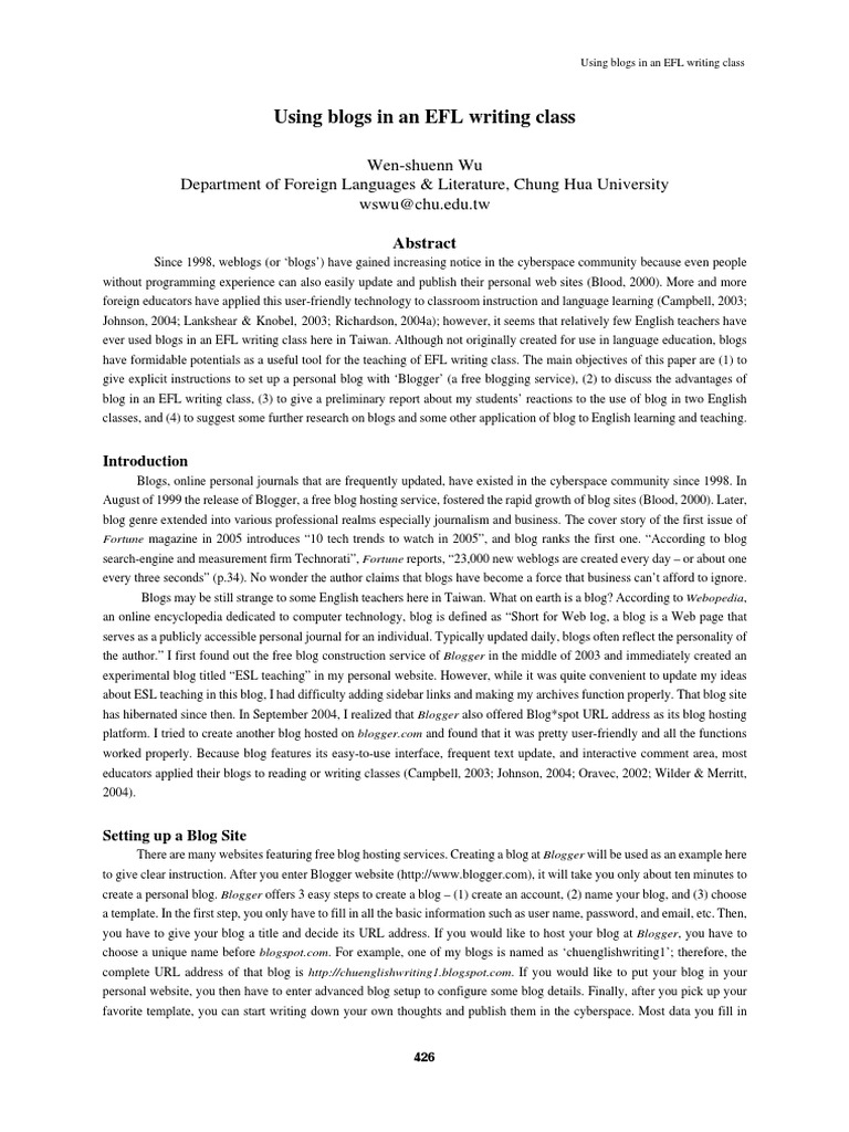 Using Blogs in An EFL Writing Class | PDF | Blog | English As A Second ...