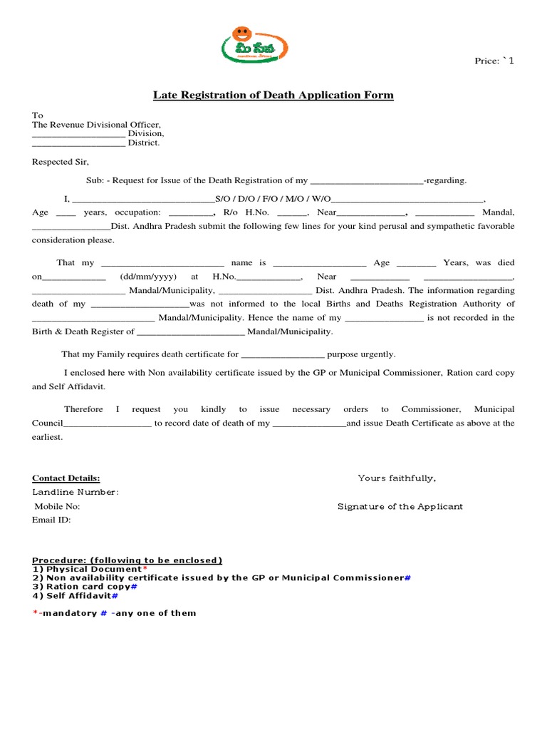 Late Death Registration Application Form | PDF | Death Certificate ...