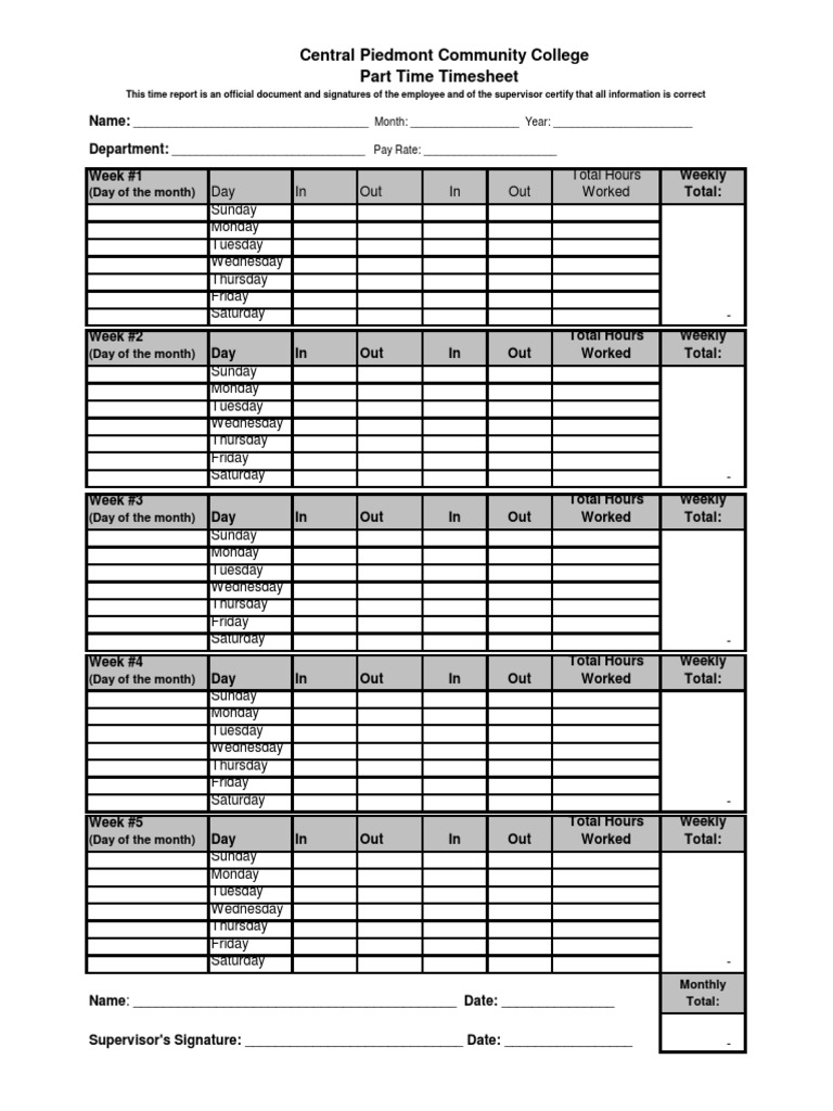 Central Piedmont Community College Part Time Timesheet: (Day of The ...