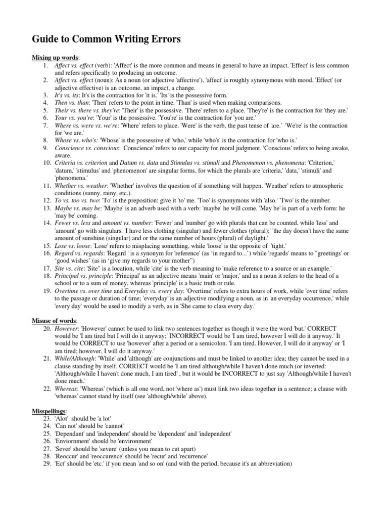Guide To Common Writing Errors | PDF | Grammatical Number | Verb