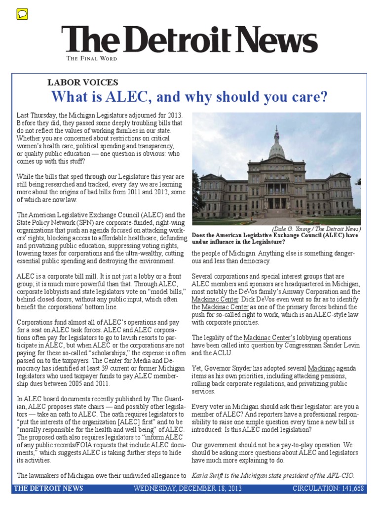 What Is ALEC, and Why Should You Care - Detroit News | PDF | Politics ...