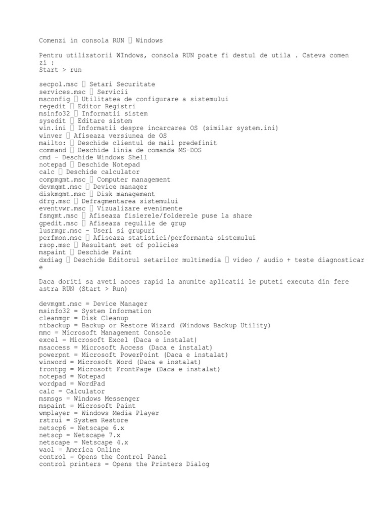 Comenzi in Consola RUN | PDF | Windows 7 | Windows Vista