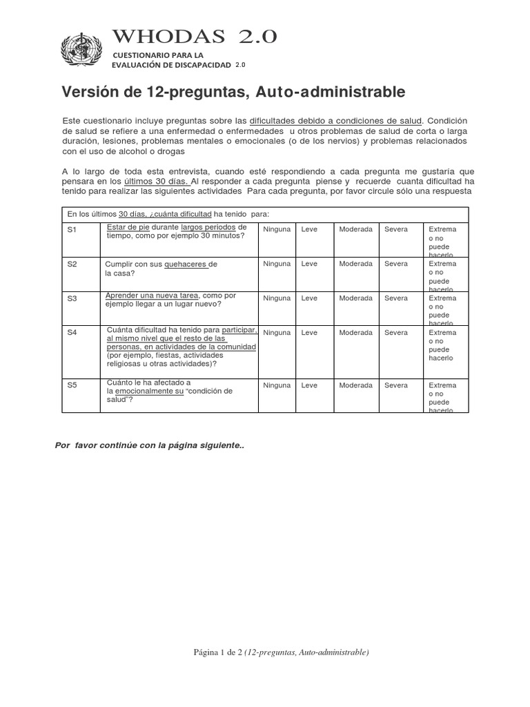 WHODAS 2.0 - 12 Items SELF - Spanish | PDF