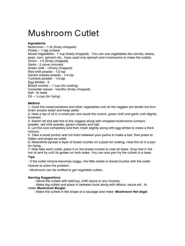 Mushroom Cutlet Recipe Guide | PDF