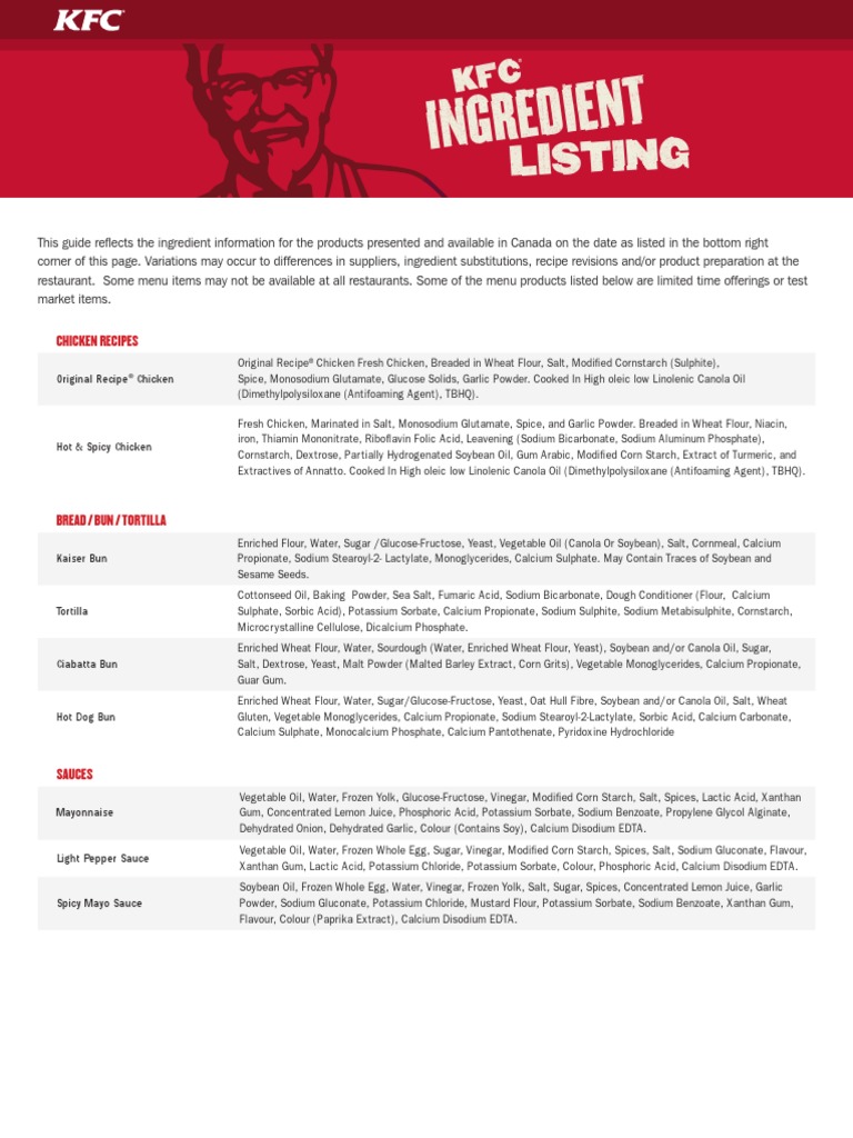 KFC IngredientList Eng | PDF | Salad | Breads