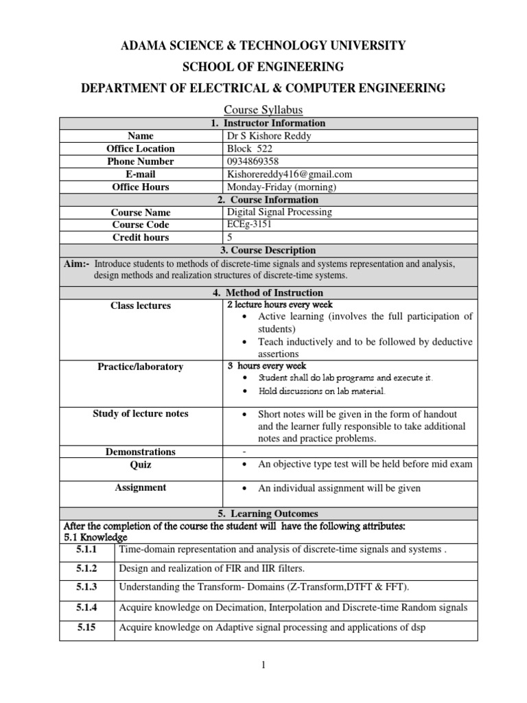 DSP Course Outline | PDF | Digital Signal Processing | Signal (Electrical Engineering)