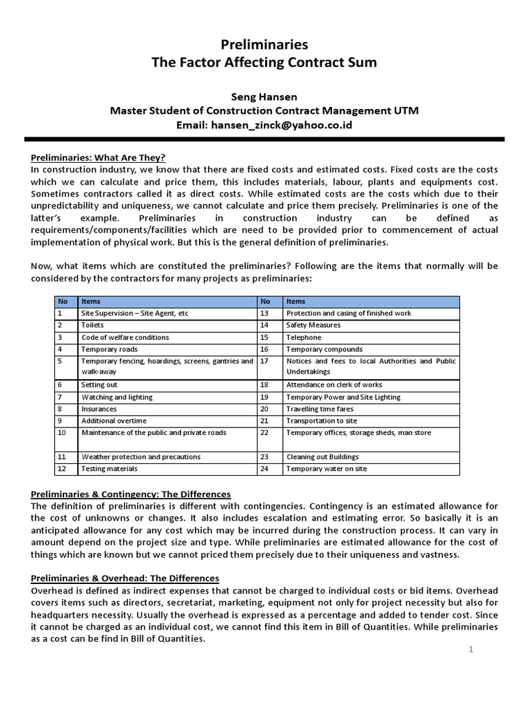 Preliminaries | Cost | Prices
