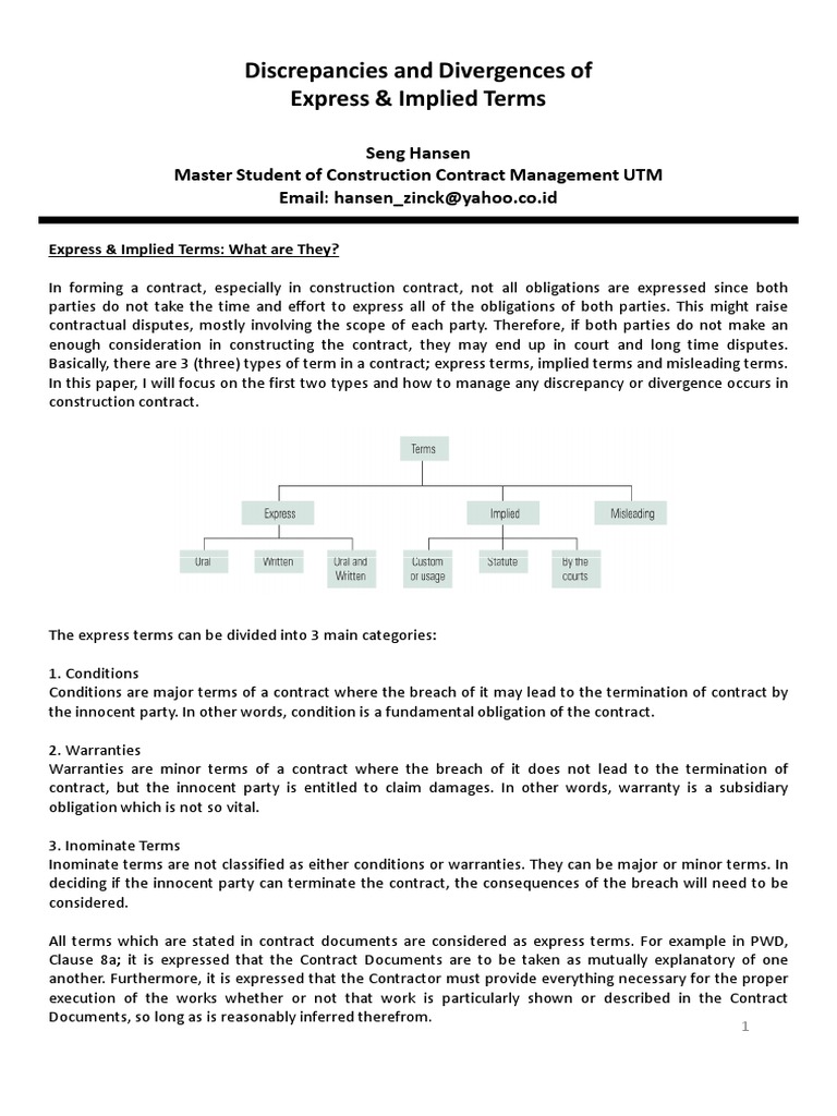 Discrepancies in Express & Implied Terms | PDF | Contractual Term ...