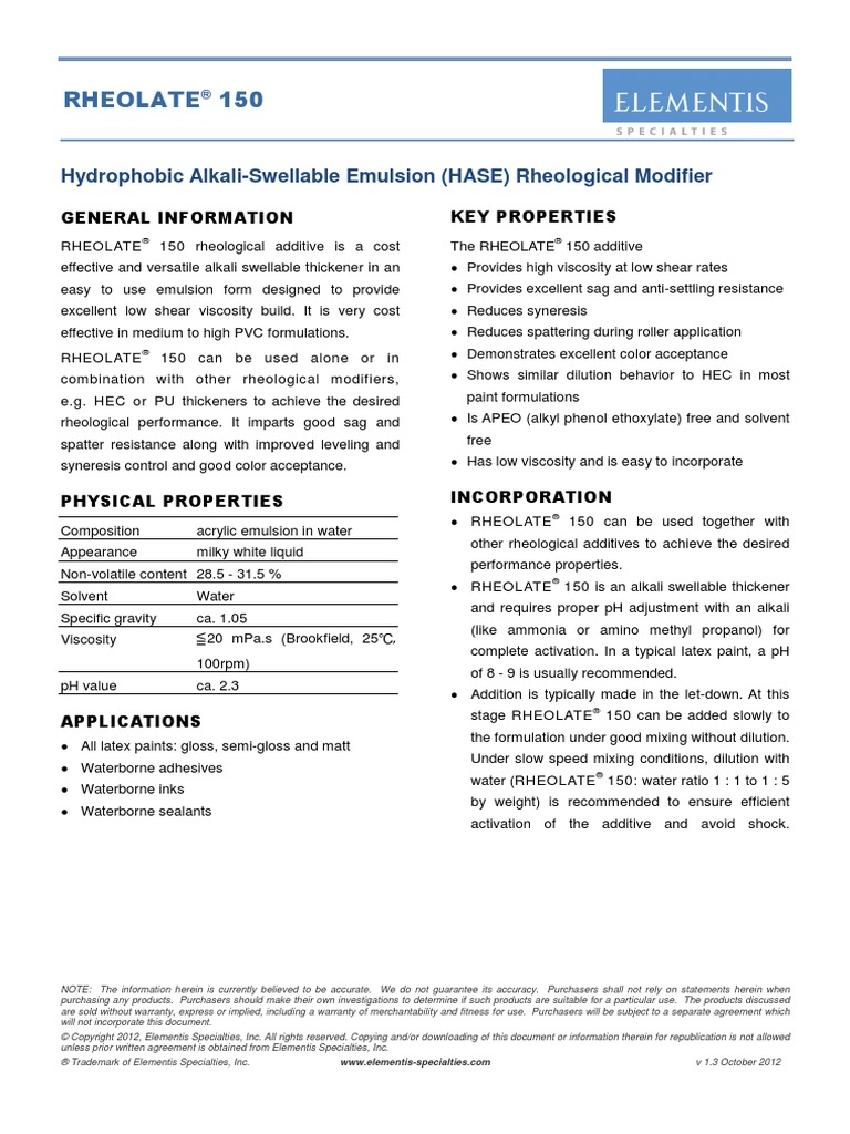 Rheolate 150 | PDF | Rheology | Paint