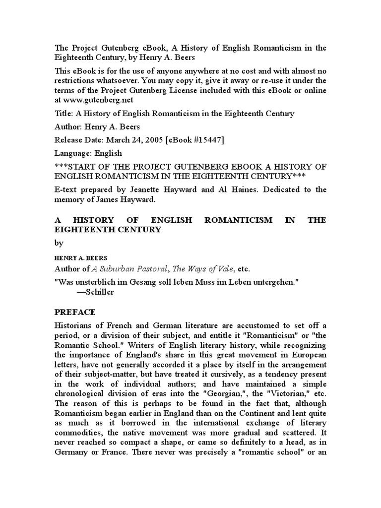 Beers' A History of English Romanticism in The Eighteenth Century | PDF ...