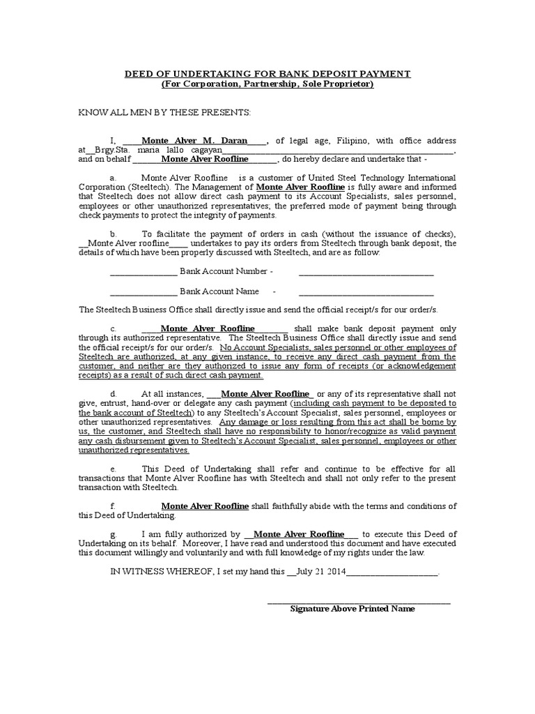 Deed of Undertaking (Corporation, Partnership, Sole Proprietor) -Cash ...