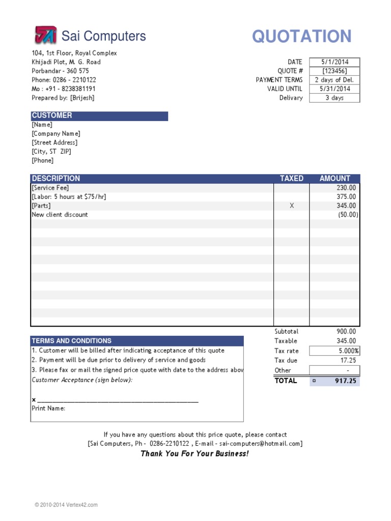 Quote Template | PDF | Spreadsheet | Portable Document Format