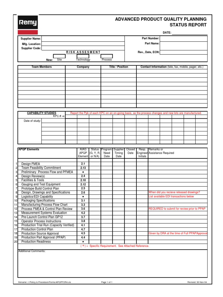 APQP Status Report Template | PDF