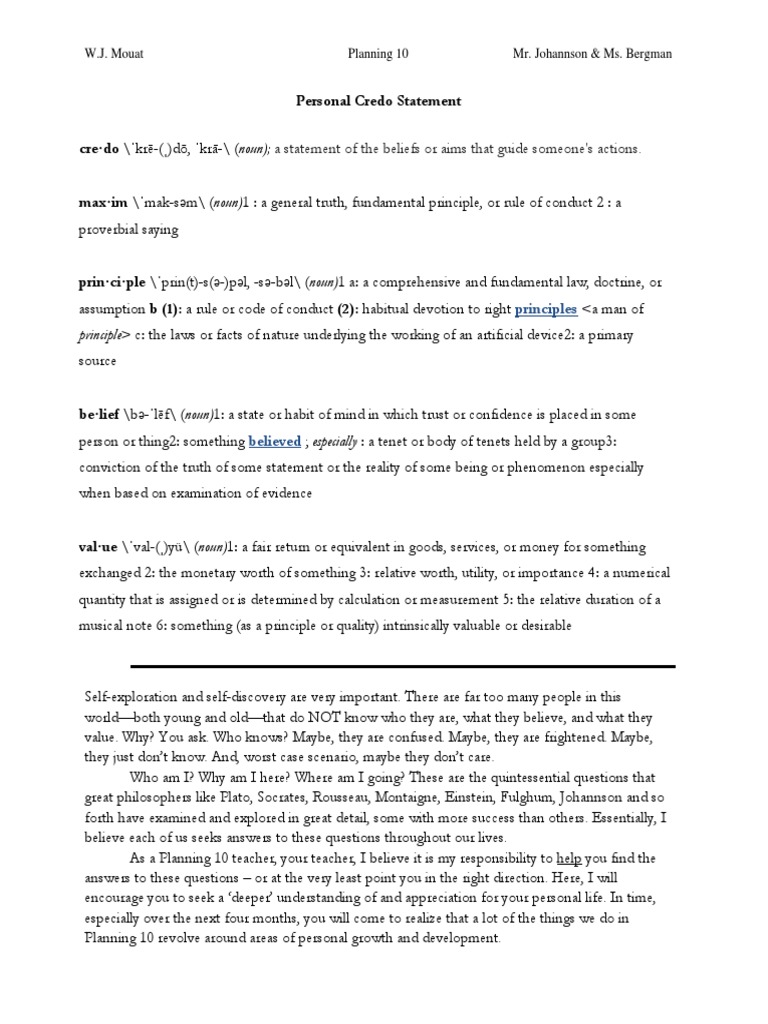Personal Credo Statement Plan10 | PDF | Epistemology | Metaphysics