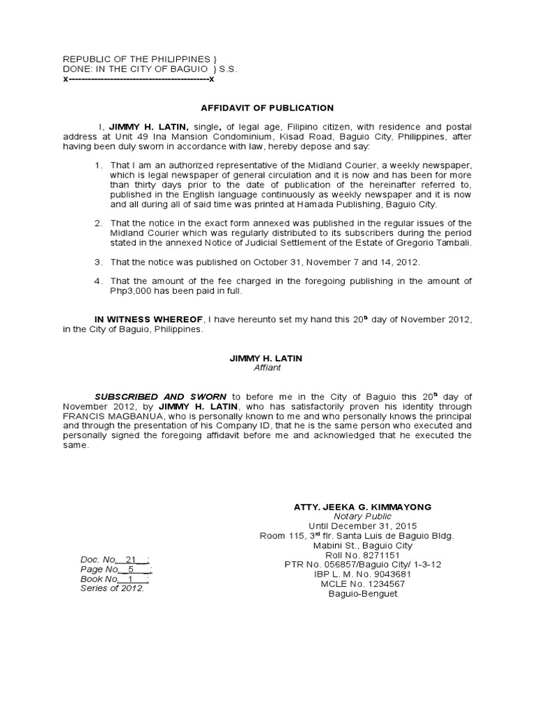 Affiant: SUBSCRIBED AND SWORN To Before Me in The City of Baguio This ...