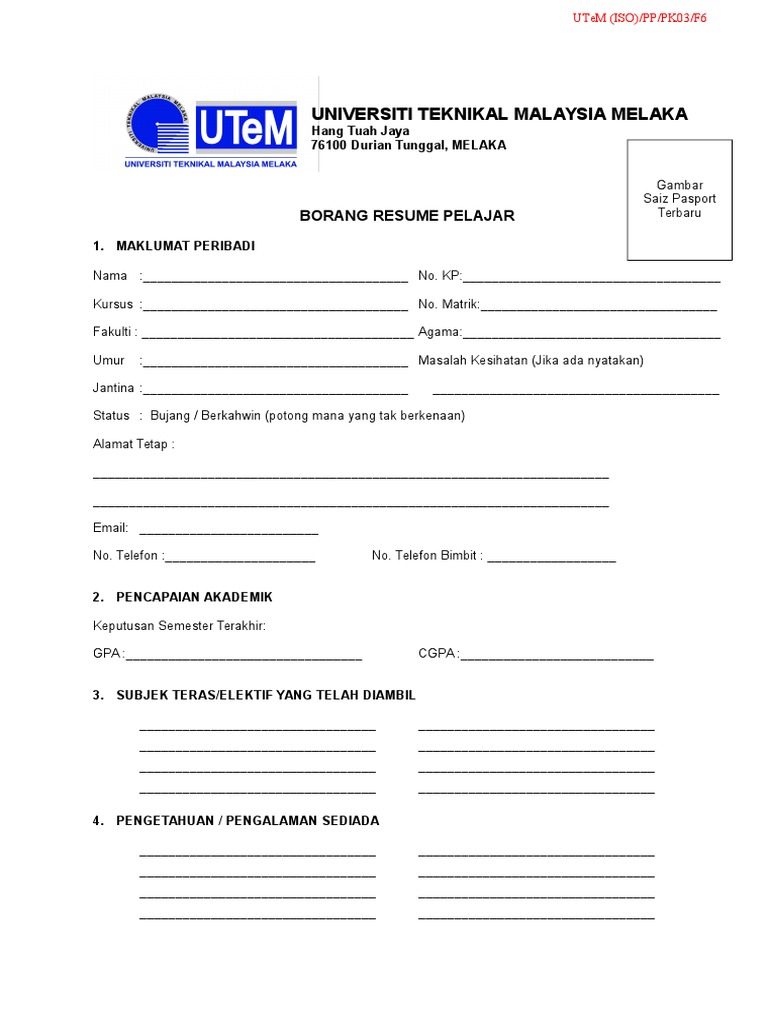 Borang Resume Pelajar UTeM | PDF