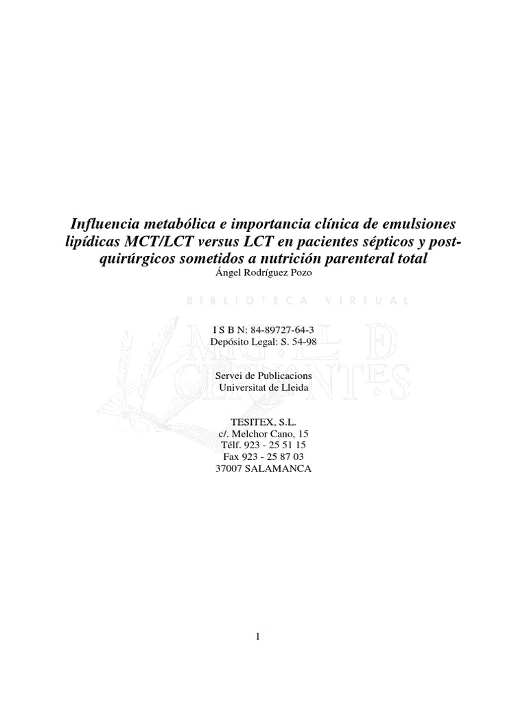 Influencia Metabólica e Importancia Clínica de Emulsiones Lipídicas MCT ...